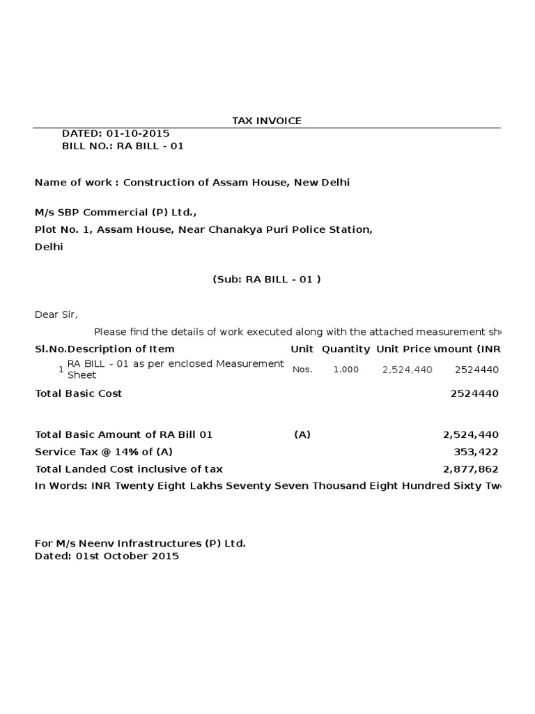 Tax Invoice - RA Bill 1 | PDF | Wall | Building