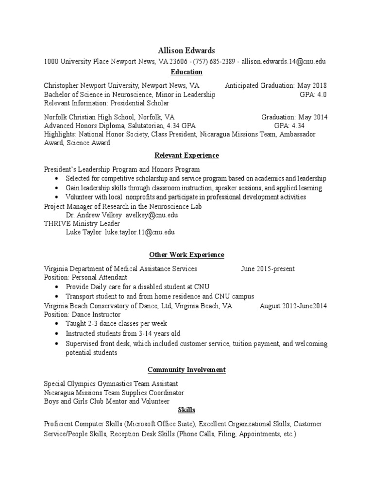 Allison Edwards: Neuroscience Graduate Resume | PDF