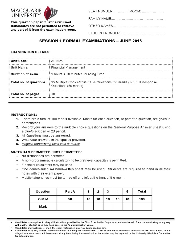 AFIN253 2015S1 Final Exam Solutions Upload | PDF | Option (Finance ...