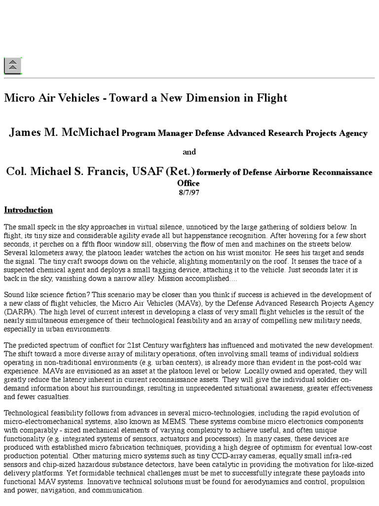 Micro Air Vehicles - Toward A New Dimension in Flight | PDF | Flight ...