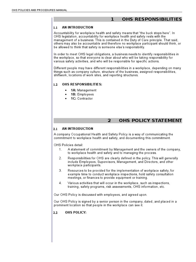 OHS Policies and Procedures Manual | Occupational Safety And Health ... OHS Policies and Procedures Manual | Occupational Safety And Health ...