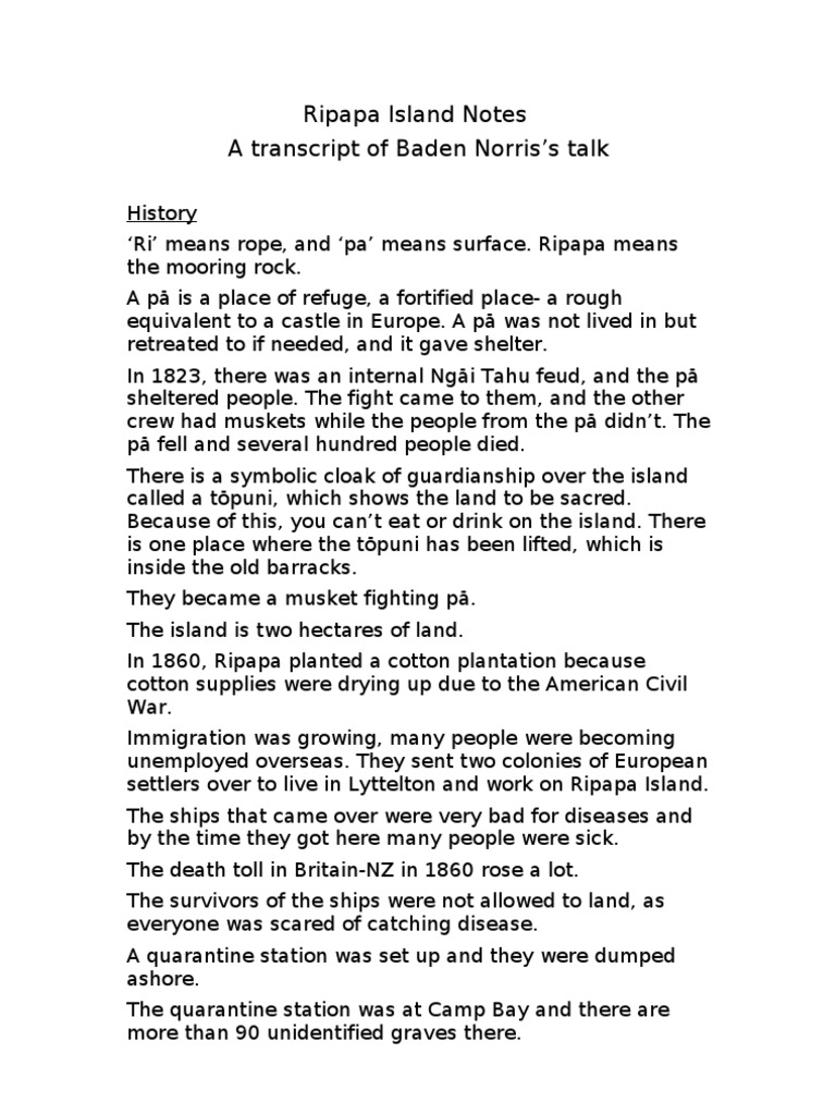Ripapa Island Notes A Transcript of Baden Norris's Talk | PDF ...