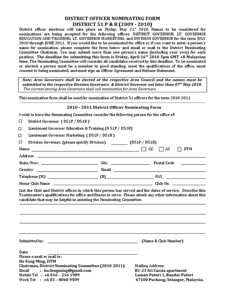 District Officer Nominating Form and Officer Agreement Release Form ...