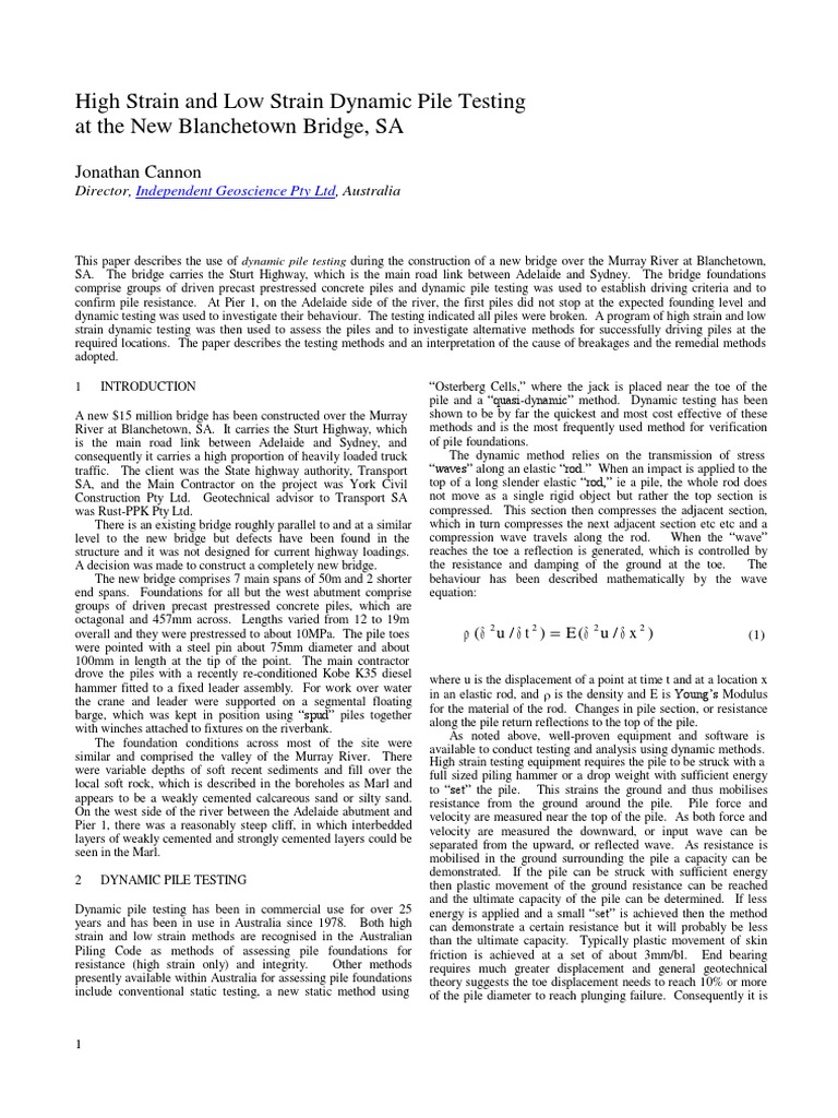 Dynamic Pile Testing at Blanchetown Bridge | PDF | Deep Foundation ...
