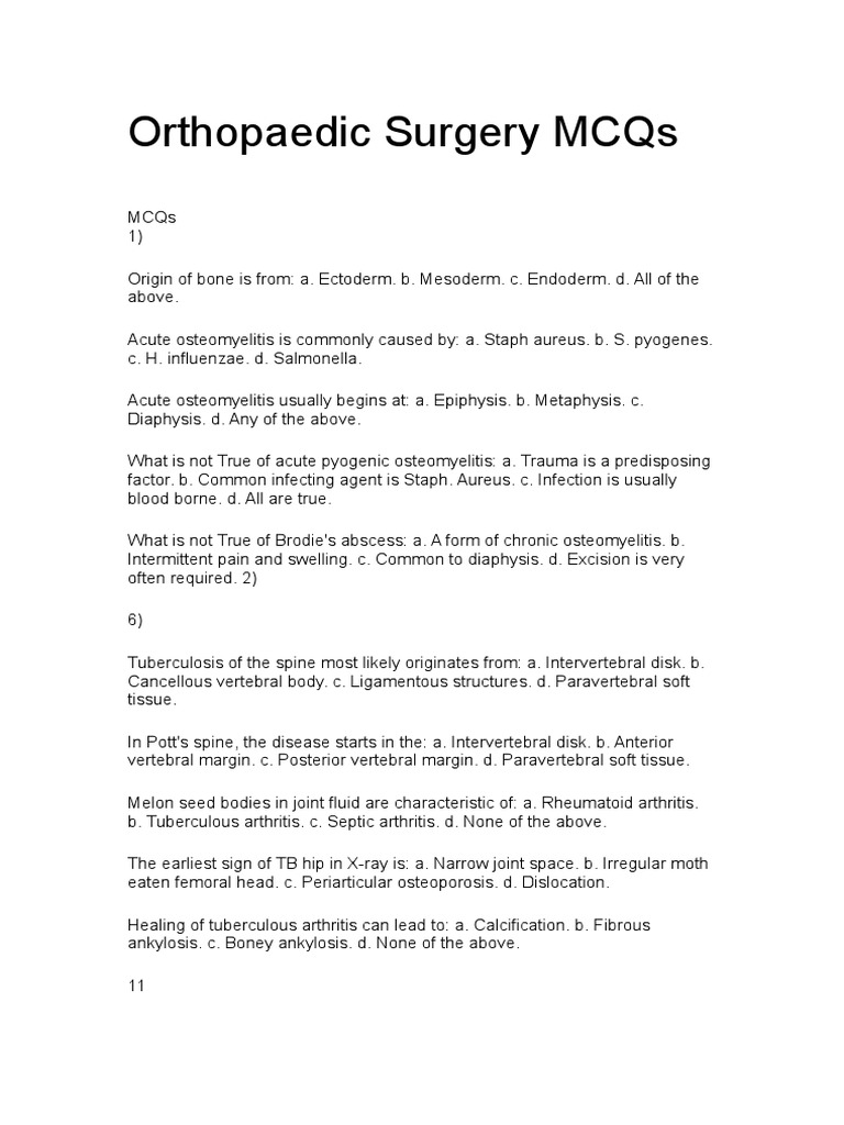 Orthopaedic Surgery MCQs Overview | PDF | Elbow | Bone