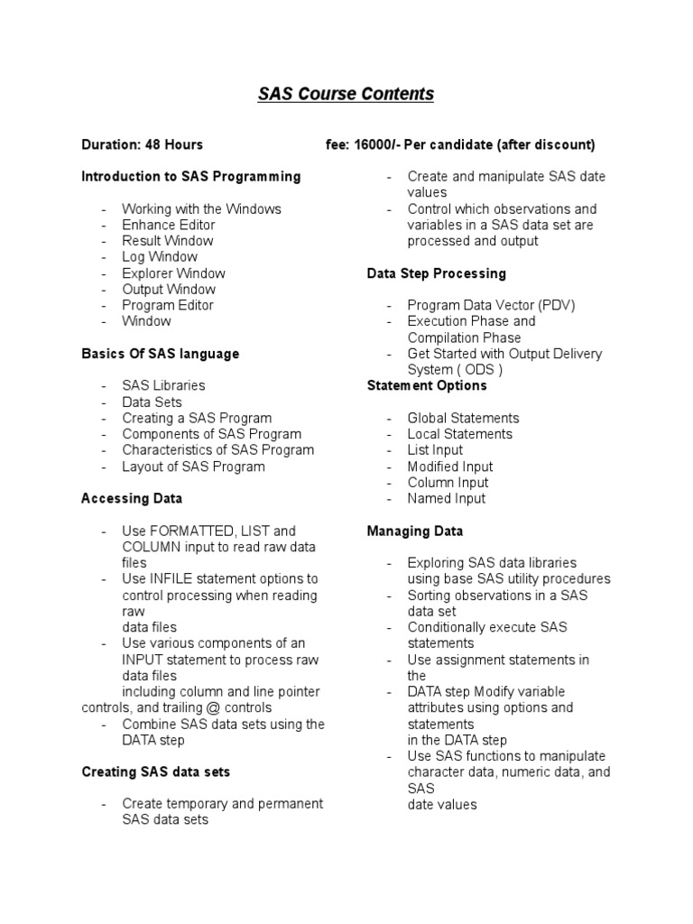 Sas Certification Course Contenst | PDF | Sas (Software) | Input/Output