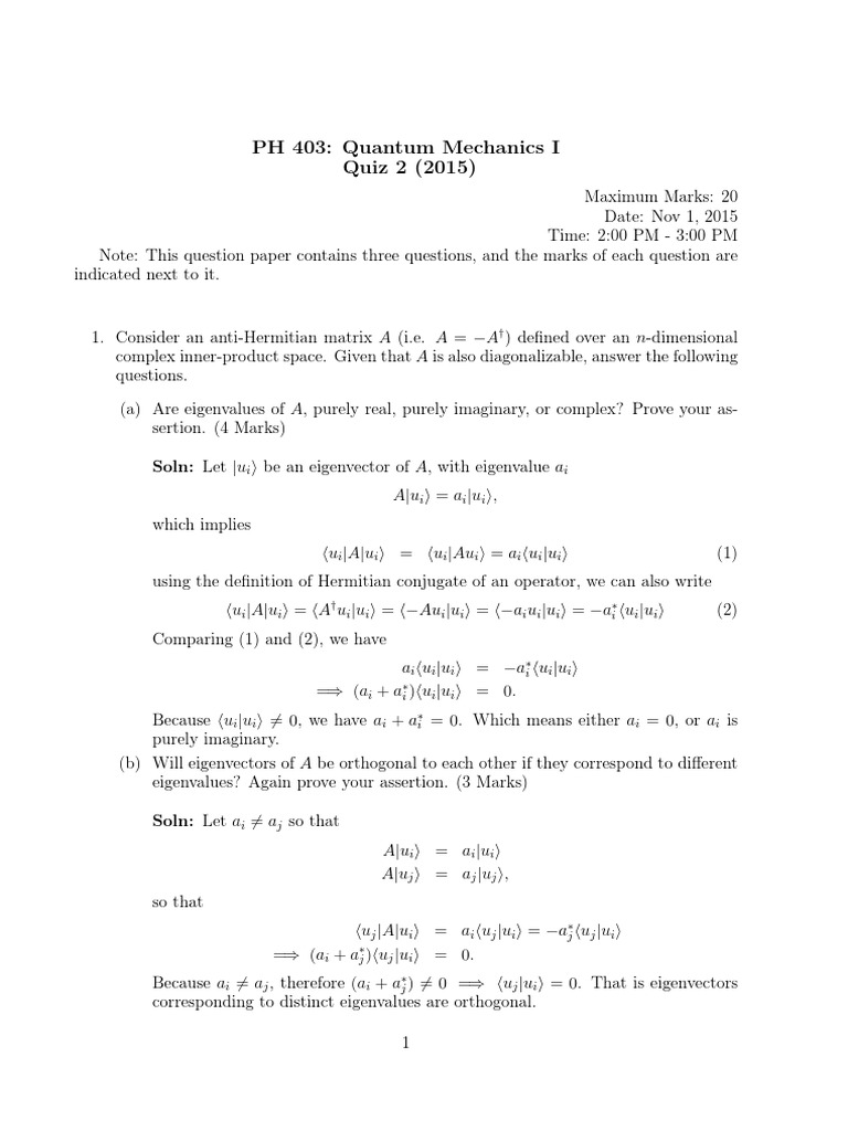 PH 403: Quantum Mechanics I Quiz 2 (2015) | PDF | Eigenvalues And ...