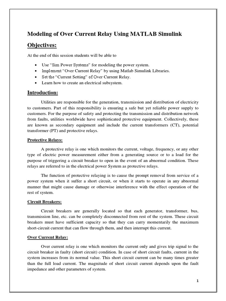 Modeling of Over Current Relay Using MATLAB Simulink Objectives | PDF ... Modeling of Over Current Relay Using MATLAB Simulink Objectives | PDF ...