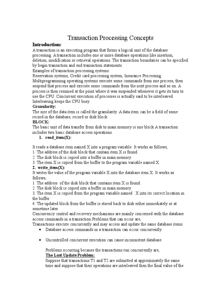Chapter 9 Transaction Processing Concepts and Concurrency Control Techniques | PDF | Concurrency ...
