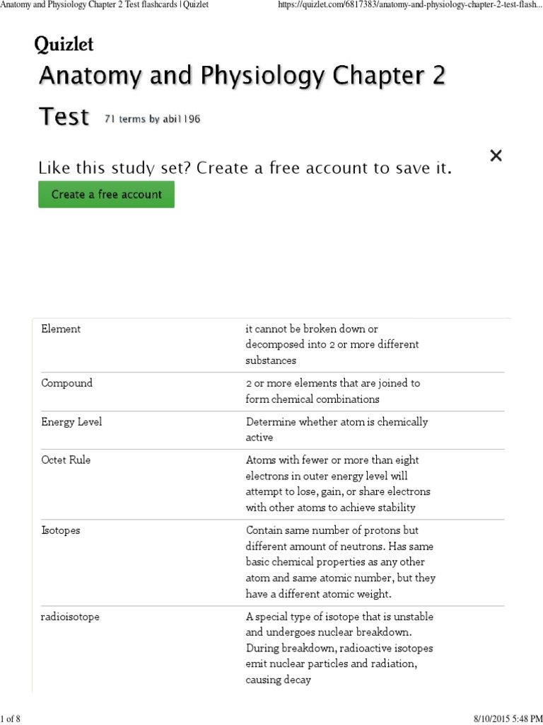 Anatomy and Physiology Chapter 2 Test Flash Cards | PDF | Ion ...
