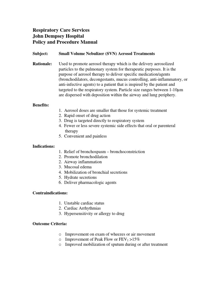 UTS - Small Volume Nebulizer Aerosol Treatments | PDF | Breathing | Therapy