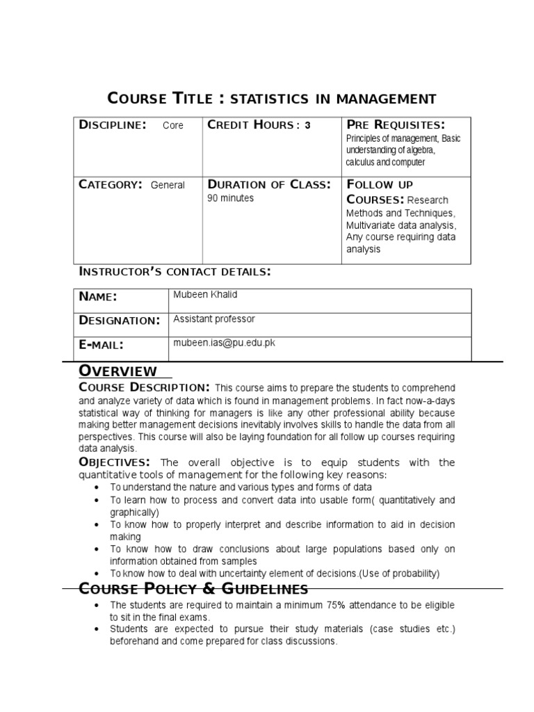 Course Outline of Statistics in Management | PDF | Lecture | Statistics