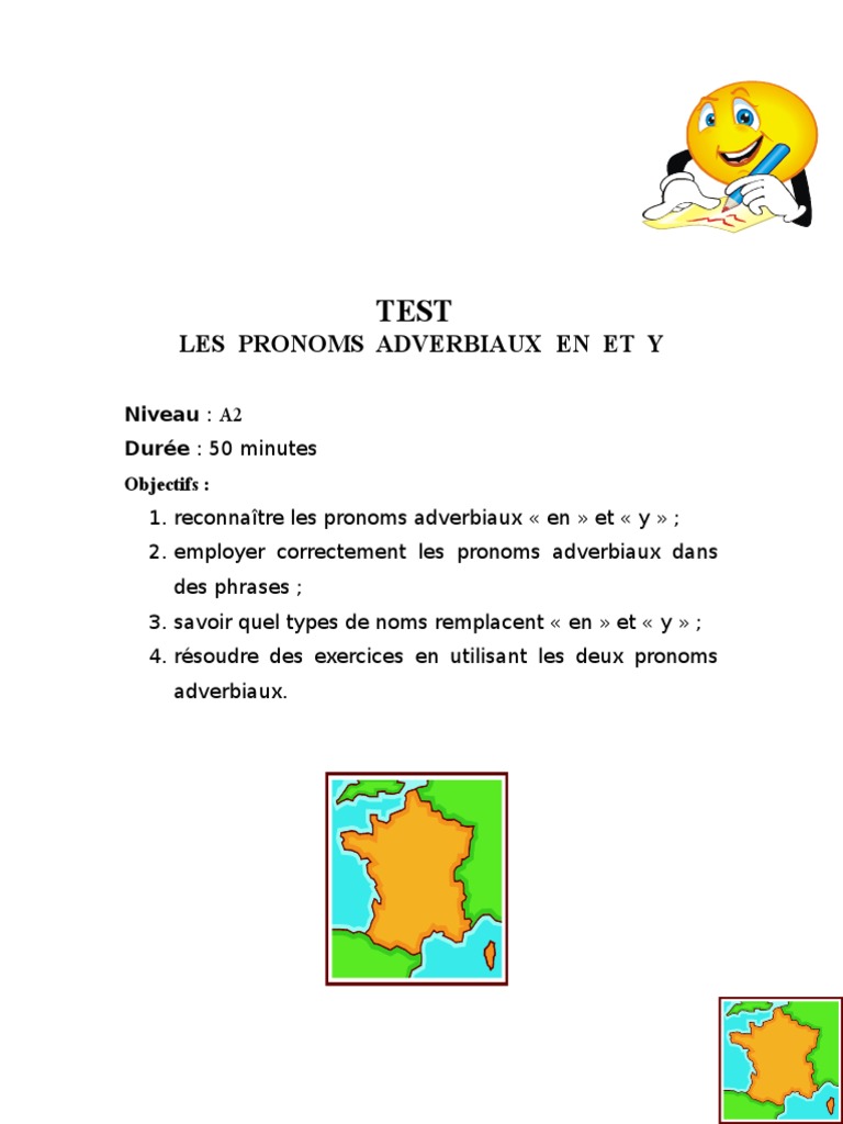 Test Les Pronoms Adverbiaux en Et y | PDF