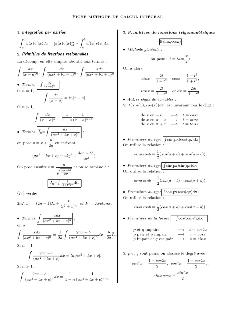 Formulaire Calcul Integral | Intégral | Objets mathématiques