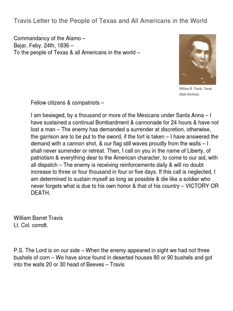 Primary Source Travis Letter From The Alamo | PDF