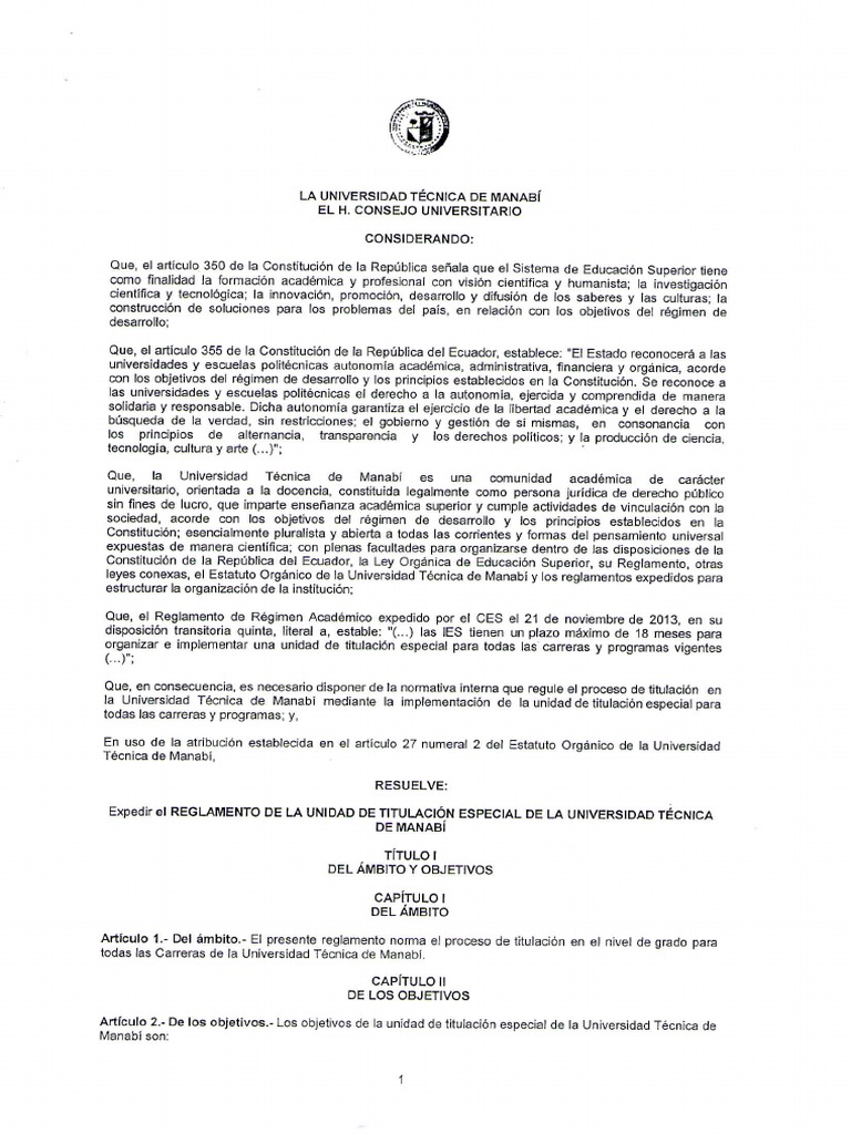 Reglamento Unidad de Titulación UTM | PDF | Prueba (evaluación) | Diseño