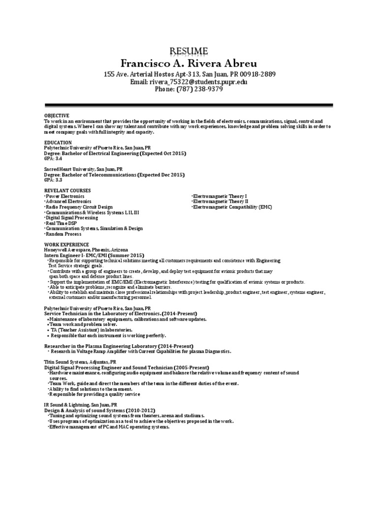Electrical Engineering Resume of Francisco Rivera | PDF ...