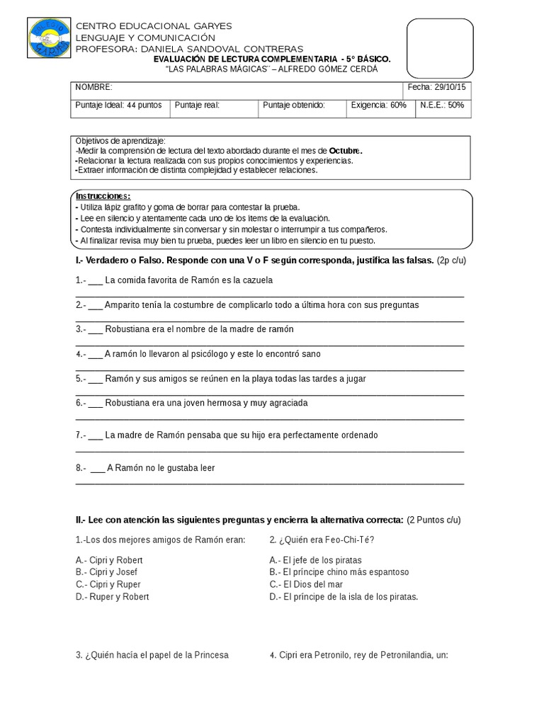 5° Prueba Las Palabras Mágicas | PDF | Piratería | Lectura (proceso)