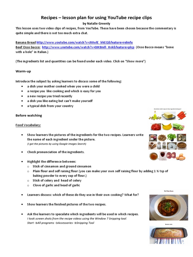 YouTube Recipe Lesson Plan | PDF | Cakes | Parsley