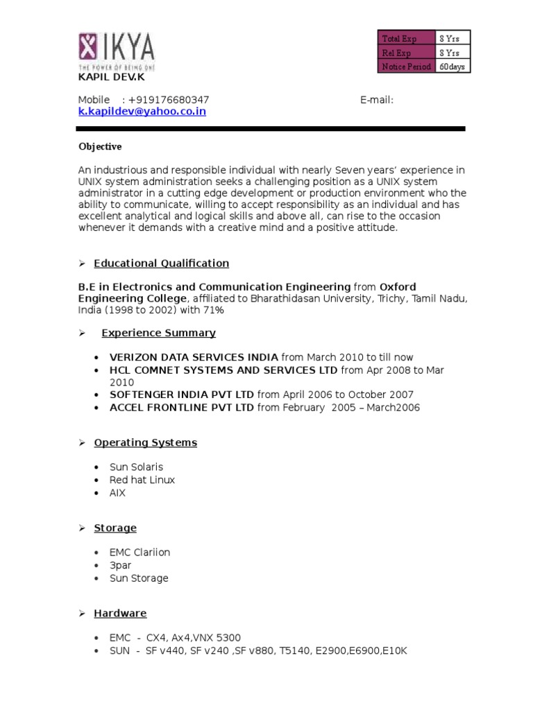 Kapil Dev K - 8yrs - Linux Solaris Vcs VXVM Vmware - CHN | PDF | Server (Computing) | Operating ...