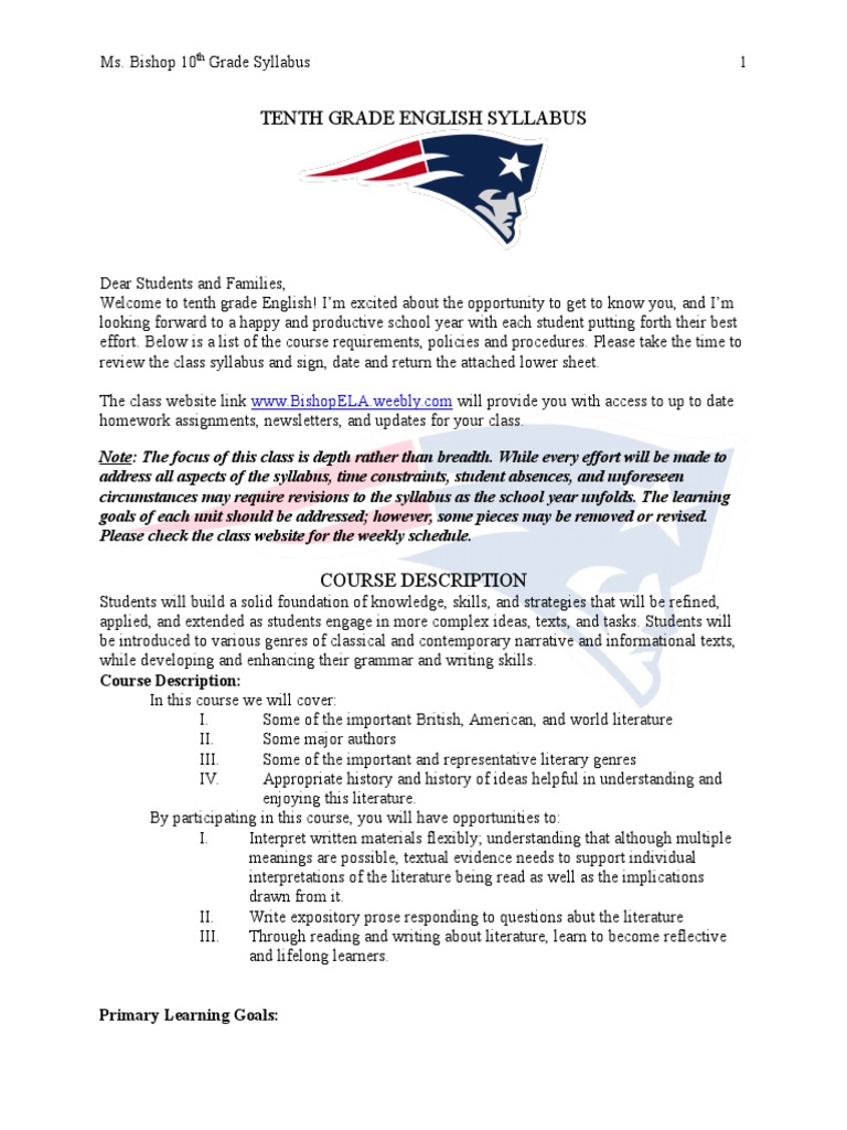 10th Grade English Syllabus Overview | PDF | Homework | Reading (Process)