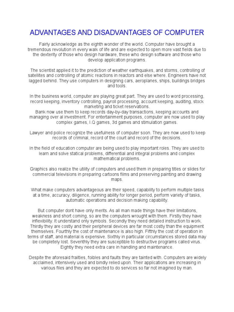 Advantages and Disadvantages of Computer | PDF | Computing | Computing ...