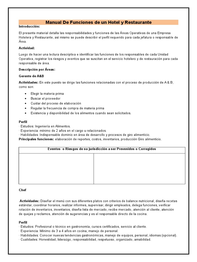 Manual de Funciones de Un Hotel y Restaurante | PDF | Hotel | Servicio ...