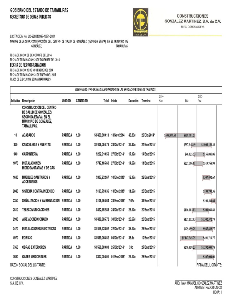 Anexo Ae10. - Programa Calendarizado de Las Erogaciones de Los Trabajos ...