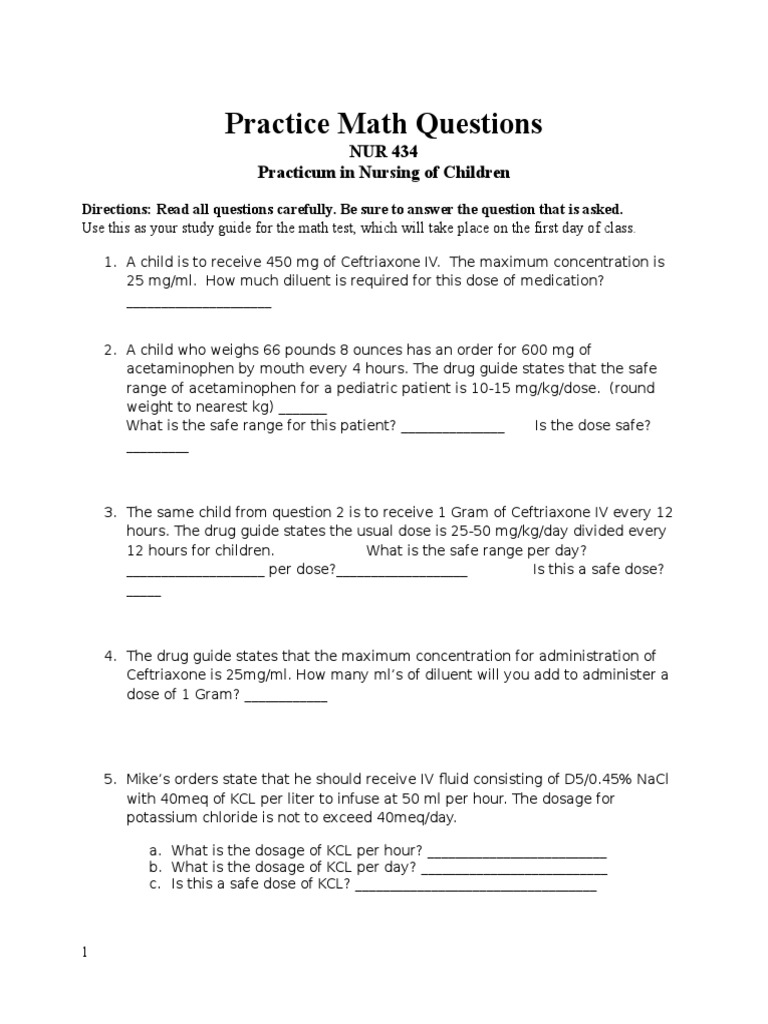 F15Practice Math Questions | PDF | Potassium Chloride | Intravenous Therapy