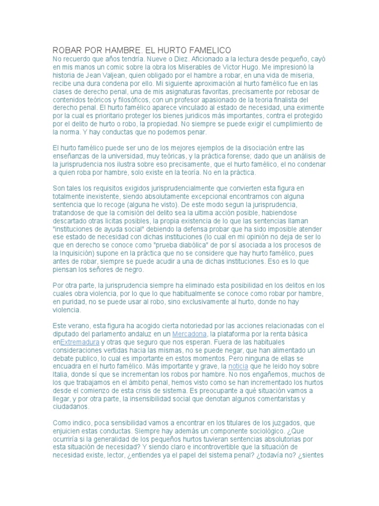 Hurto famélico: Teoría vs. Práctica Penal | PDF | Derecho penal | Robo