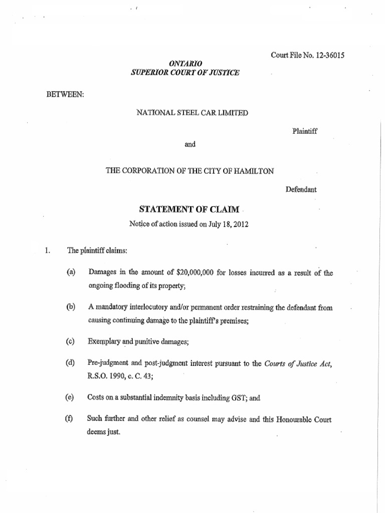 Statement of Claim | PDF | Damages | Stormwater