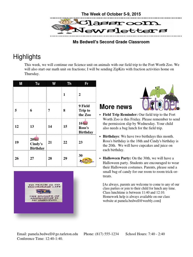 Second Grade Weekly Newsletter | PDF | Language Arts & Discipline