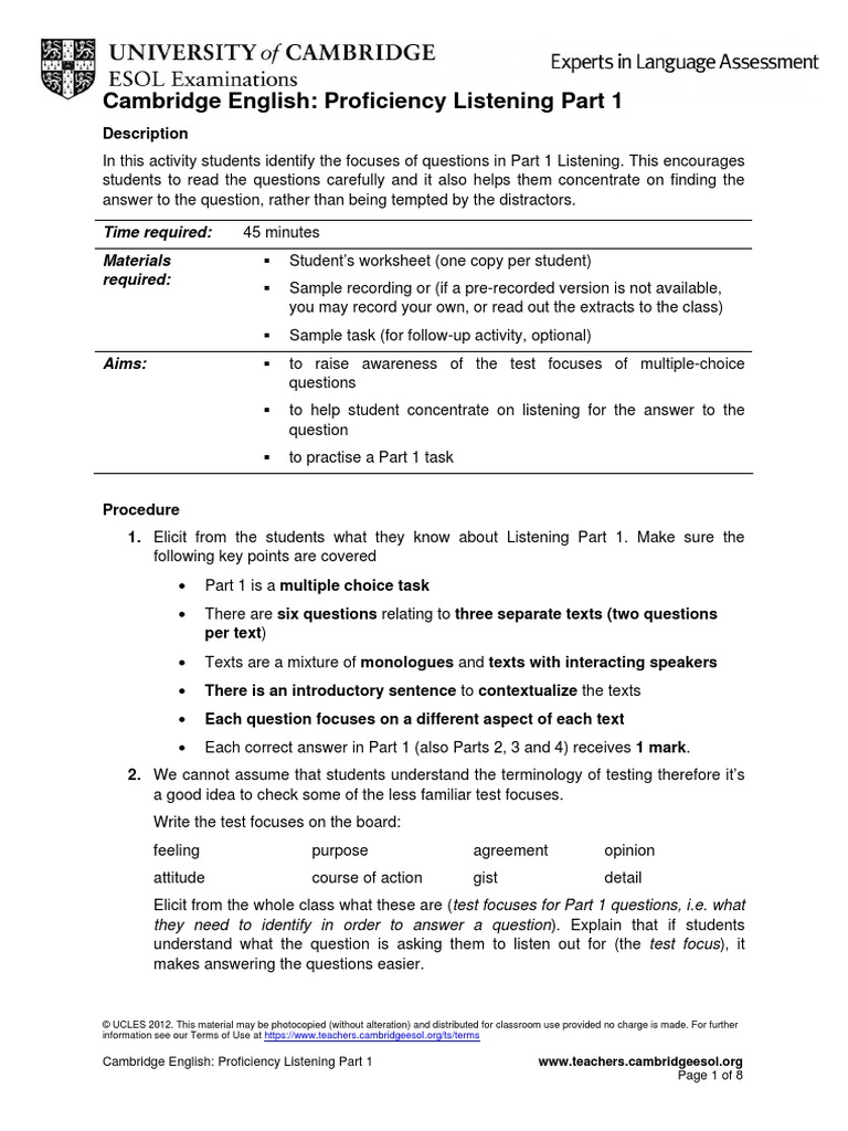 Cambridge English Proficiency (CPE) Listening Part 1 | PDF | Test ...