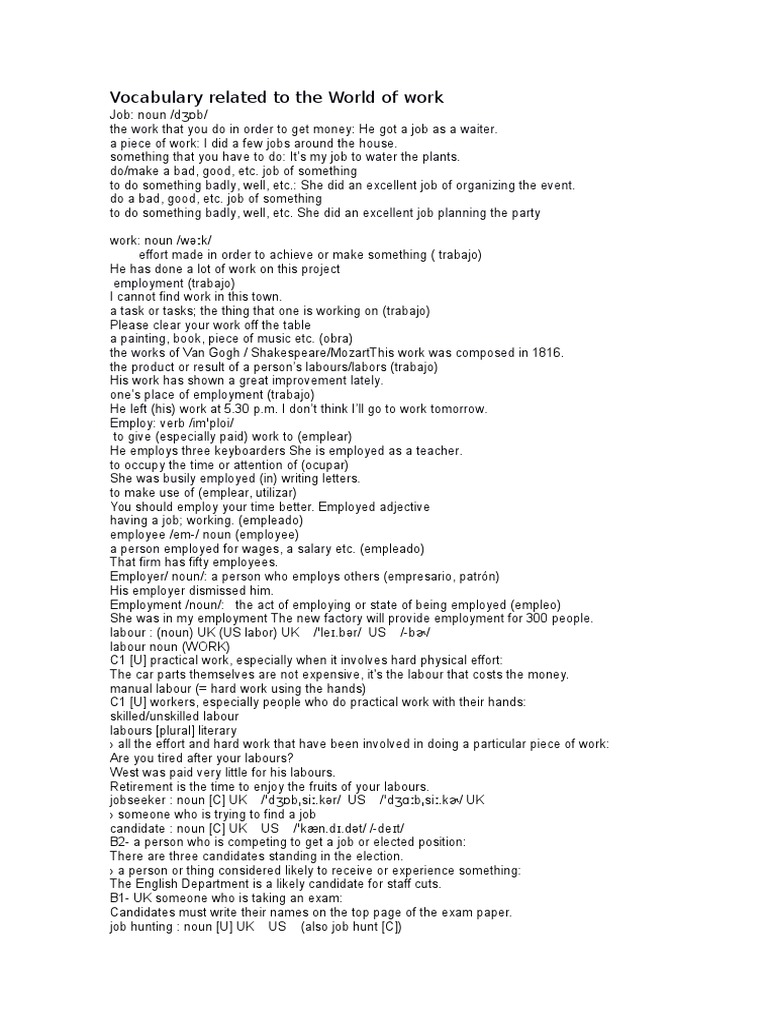 Vocabulary Related To The World of Work | PDF | Résumé | Freelancer