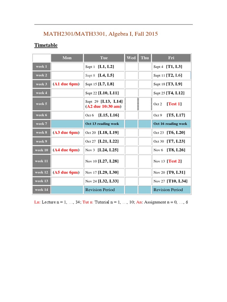 MATH2301/MATH3301, Algebra I, Fall 2015: Timetable | PDF | Language ...