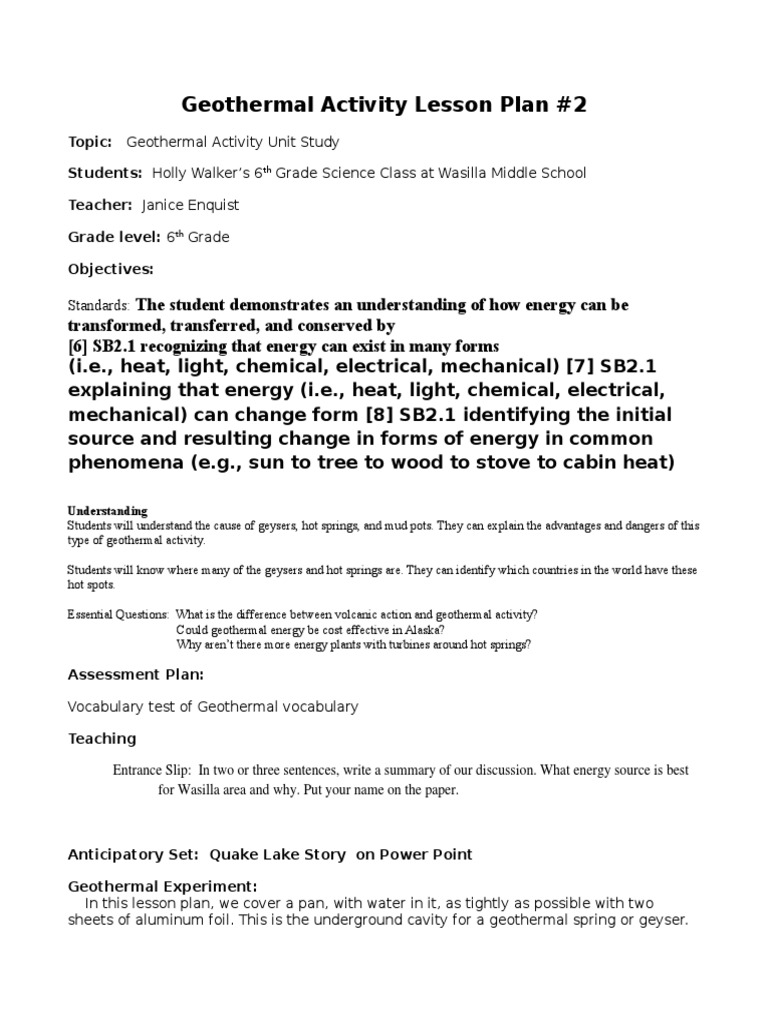 Geothermal Energy Lesson Plan for 6th Grade | PDF | Renewable Energy ...