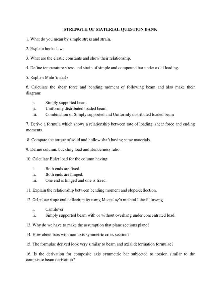 Strength of Material Question Baks | PDF | Bending | Beam (Structure)