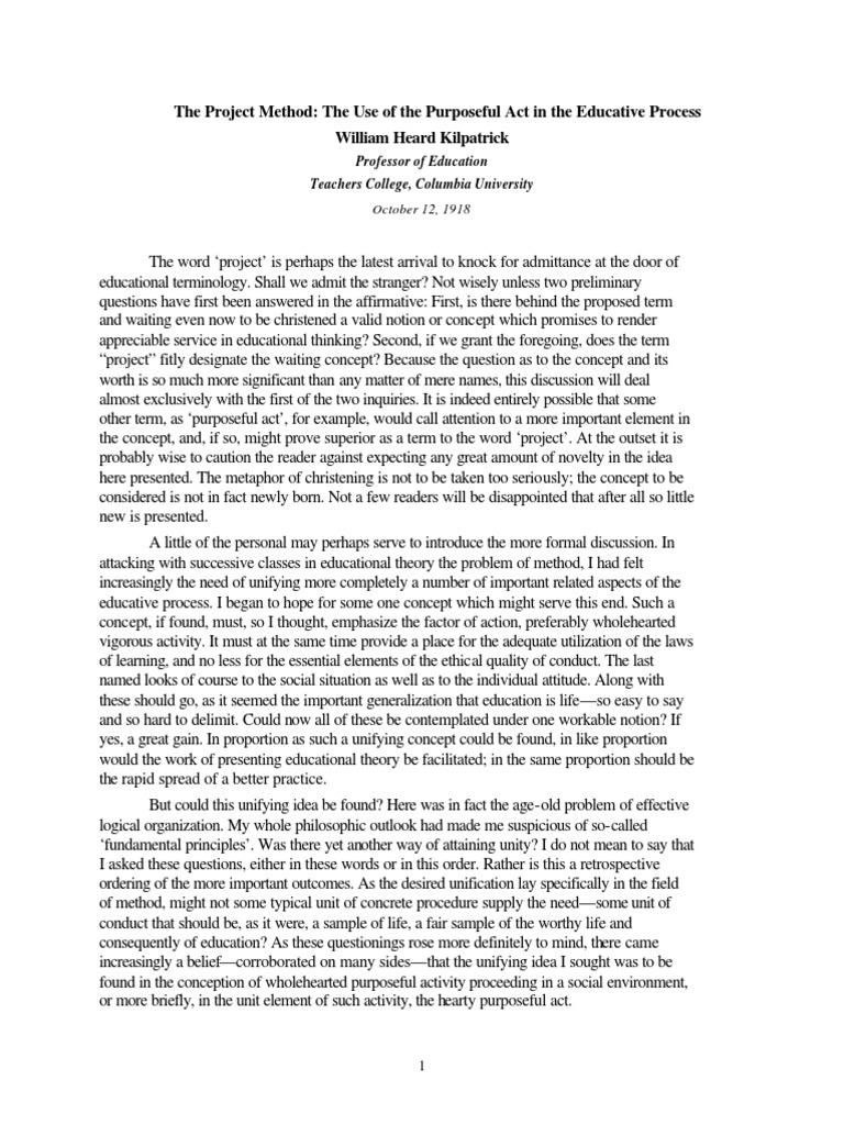 KILPATRICK, William. the Project Method | Concept | Thought