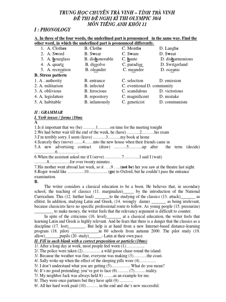 De Thi de Nghi Ki Thi Olympic 30 4 Mon Tieng Anh Khoi 11 Trung Hoc Chuyen Tra Vinh | Download ...