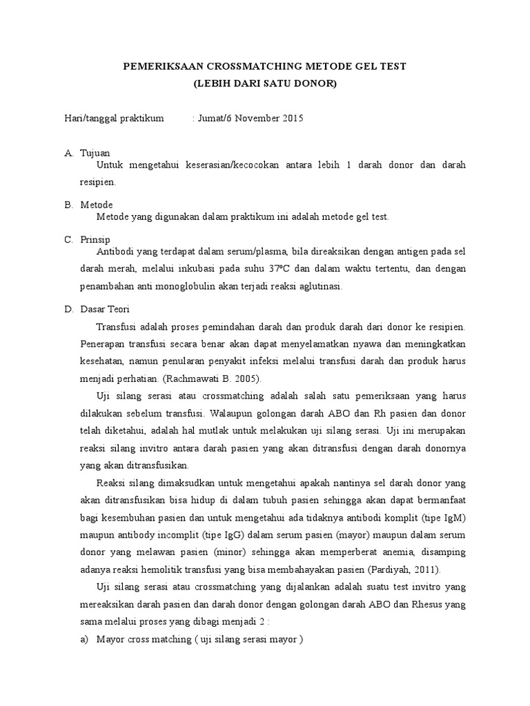 Pemeriksaan Crossmatching Metode Gel Test | PDF