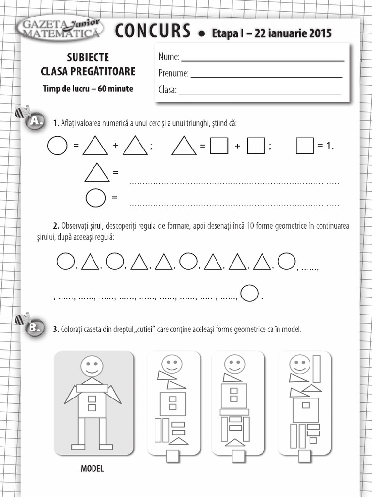 Gazeta Matematica - Clasa Pregatitoare, Etapa I, 22.01.2015 | PDF