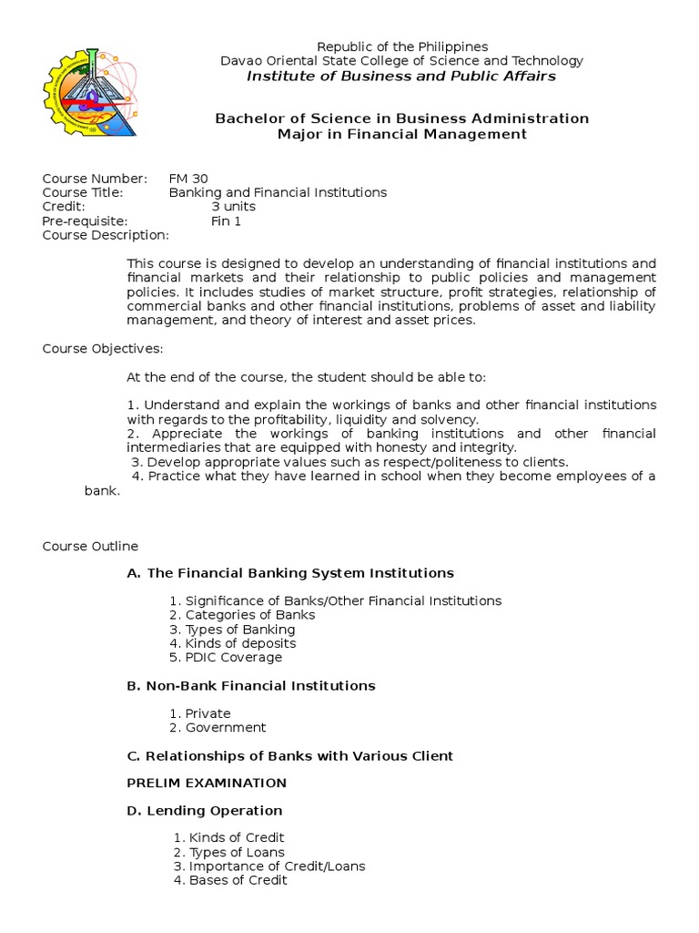 Syllabus On Banking and Financial Institutions | PDF | Credit (Finance ...