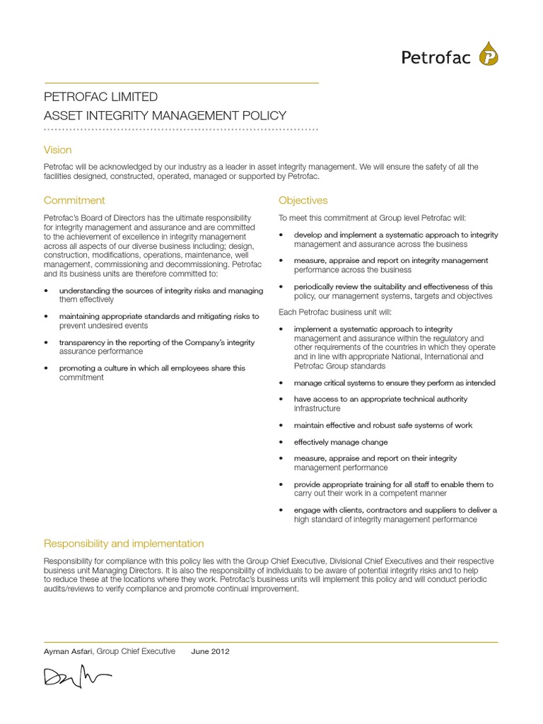 Asset Integrity Policy | Download Free PDF | Regulatory Compliance | Risk