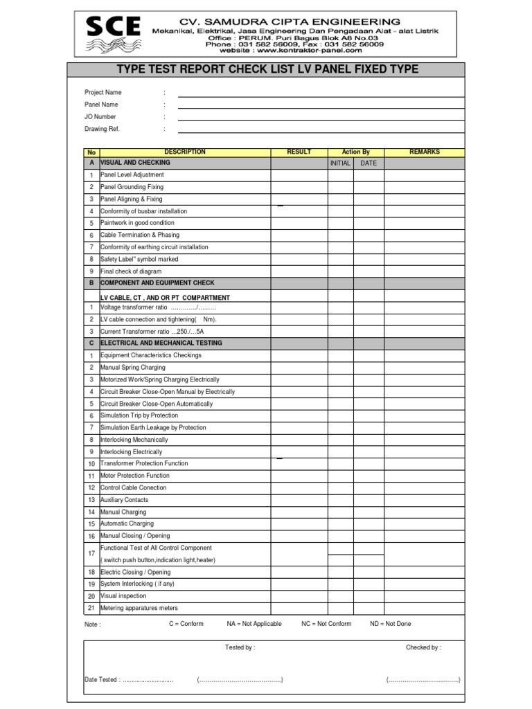 Type Test Report and Checklist for LV Panel Fixed Type Project | PDF ...