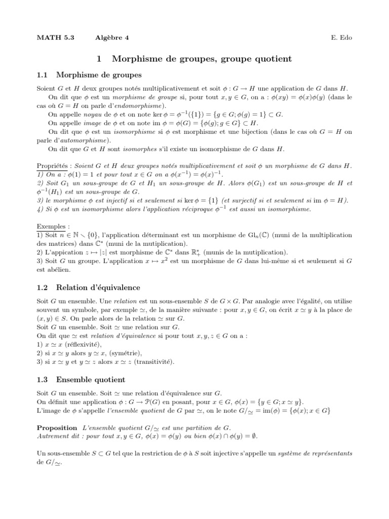 Cours algebre morphisme de groupe | Groupe (Mathématiques) | Algèbre ...