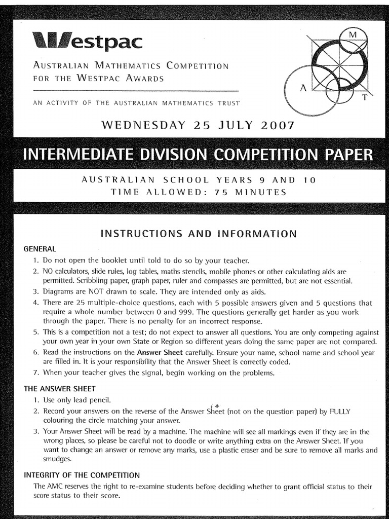 Australian Mathematics Competition 2007 | PDF