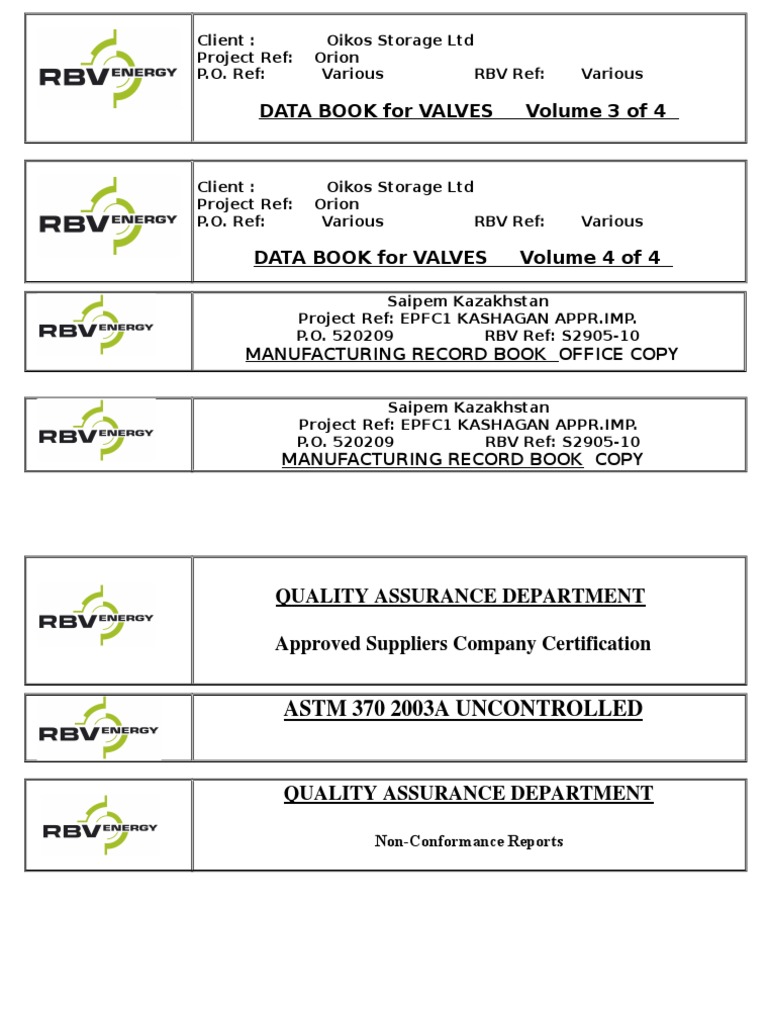 Data Book For Valves Volume 3 of 4: Manufacturing Record Book Office | PDF