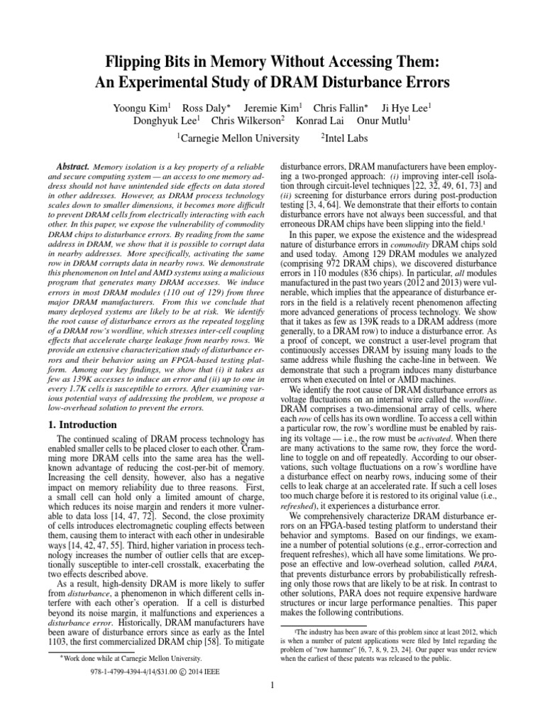 Flipping Bits in Memory Without Accessing Them: An Experimental Study of DRAM Disturbance Errors ...