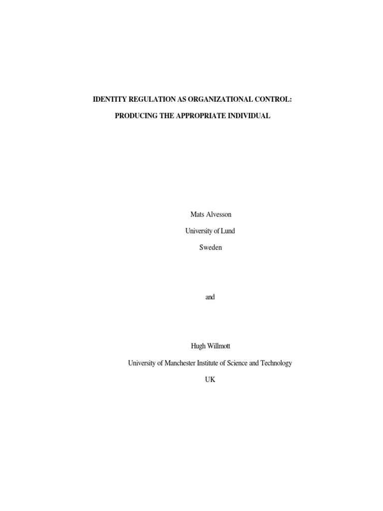 Alvesson Willmott - 2002 - Identity Regulation As Organizational ...