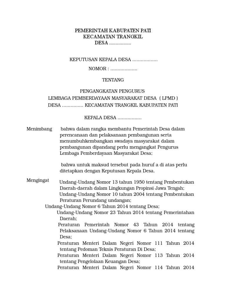 SK Pengangkatan Pengurus LPMD Desa | PDF